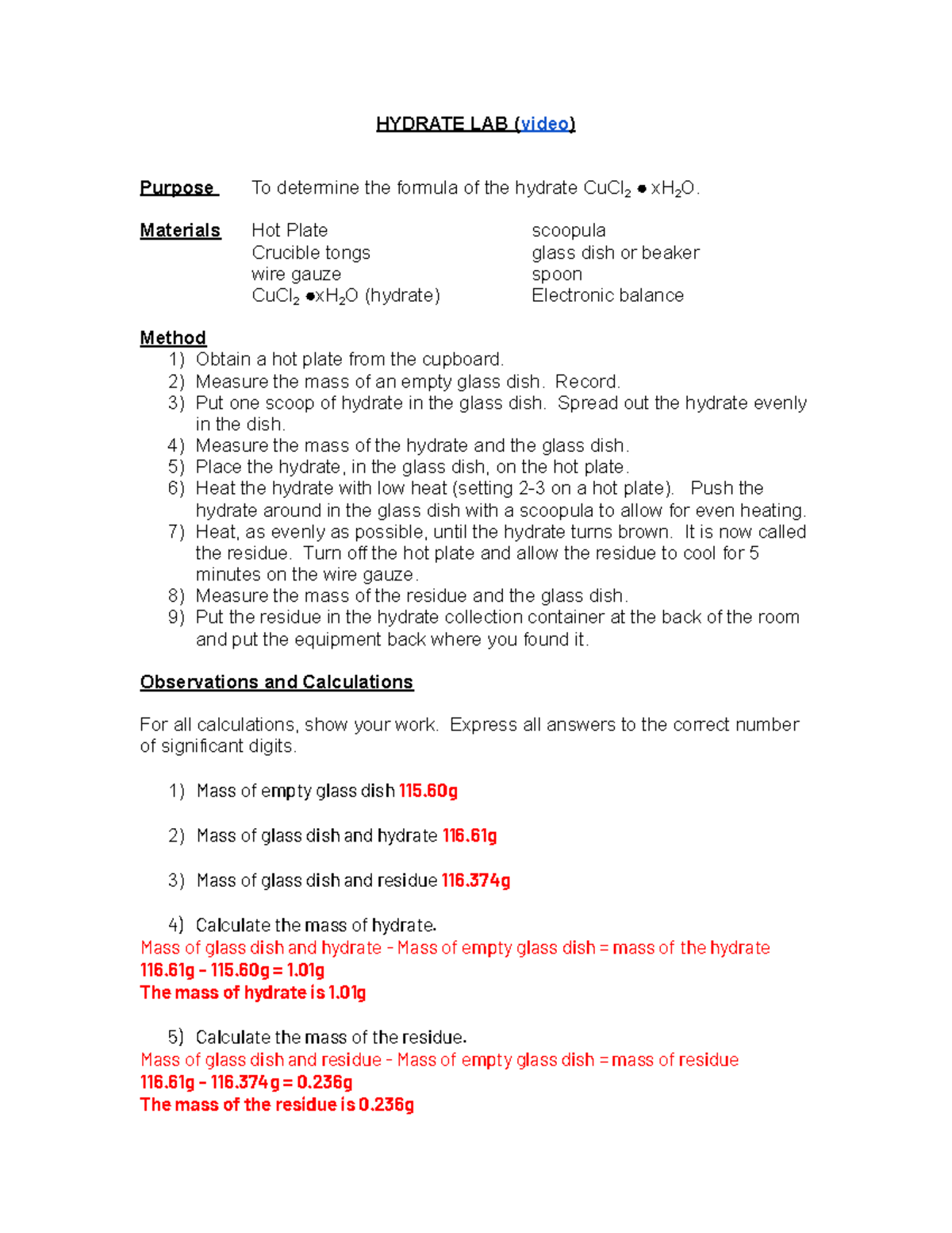 Hydrate Lab: Determining CuCl2 xH2O Formula - Studocu