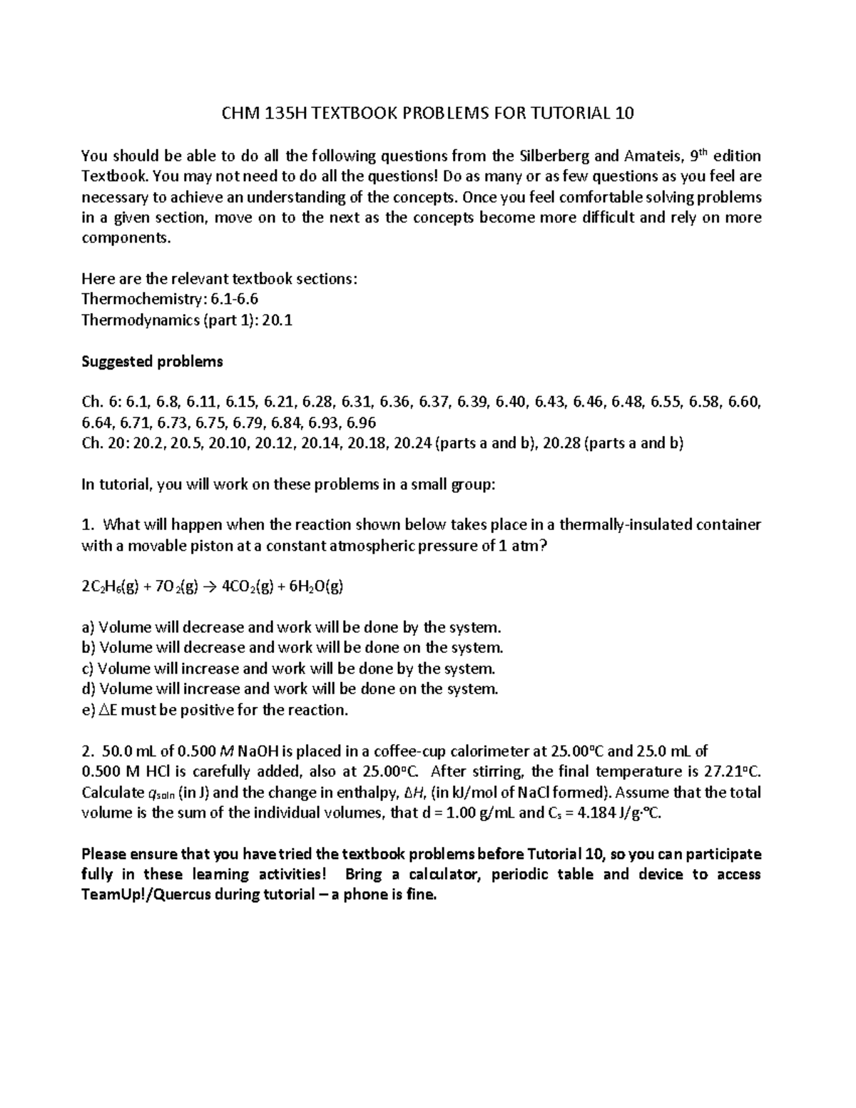 Tutorial 10-1 - CHM 135 H TEXTBOOK PROBLEMS FOR TUTORIAL 10 You should be able to do all the ...