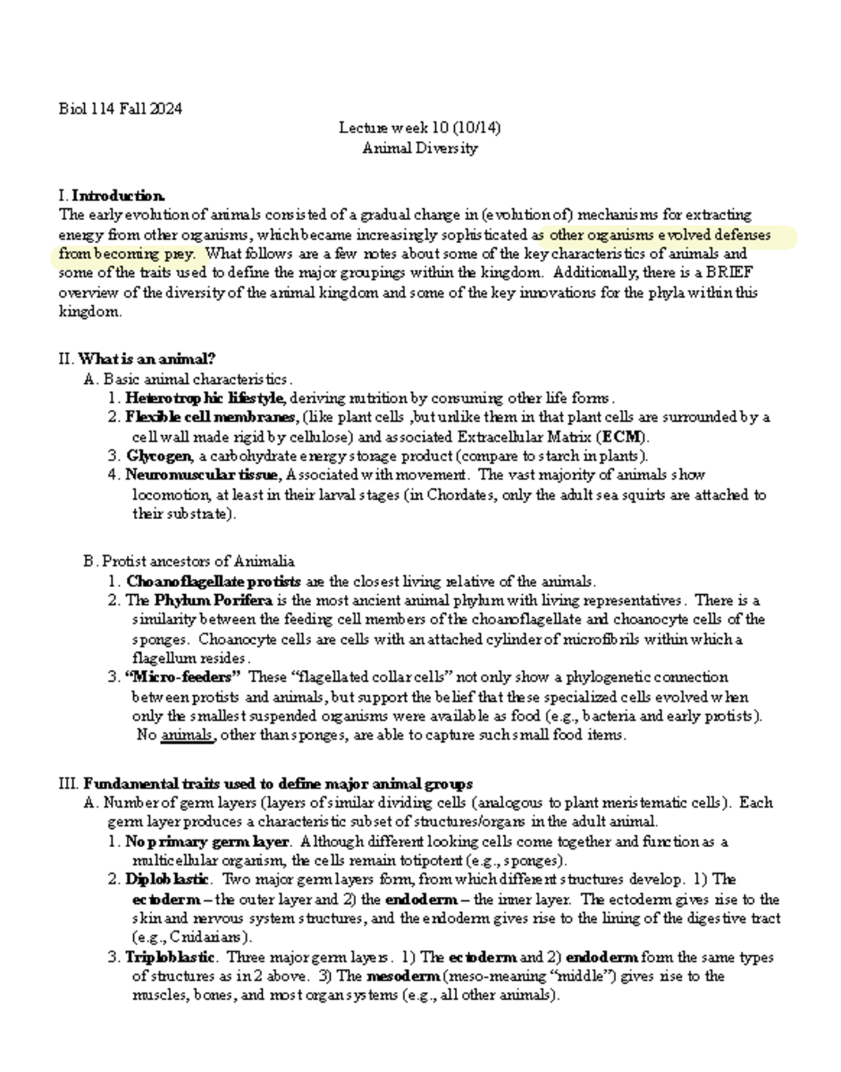 Bio 114 Oct 24- Animal Diversity - Biol 114 Fall 2024 Lecture week 10 ...
