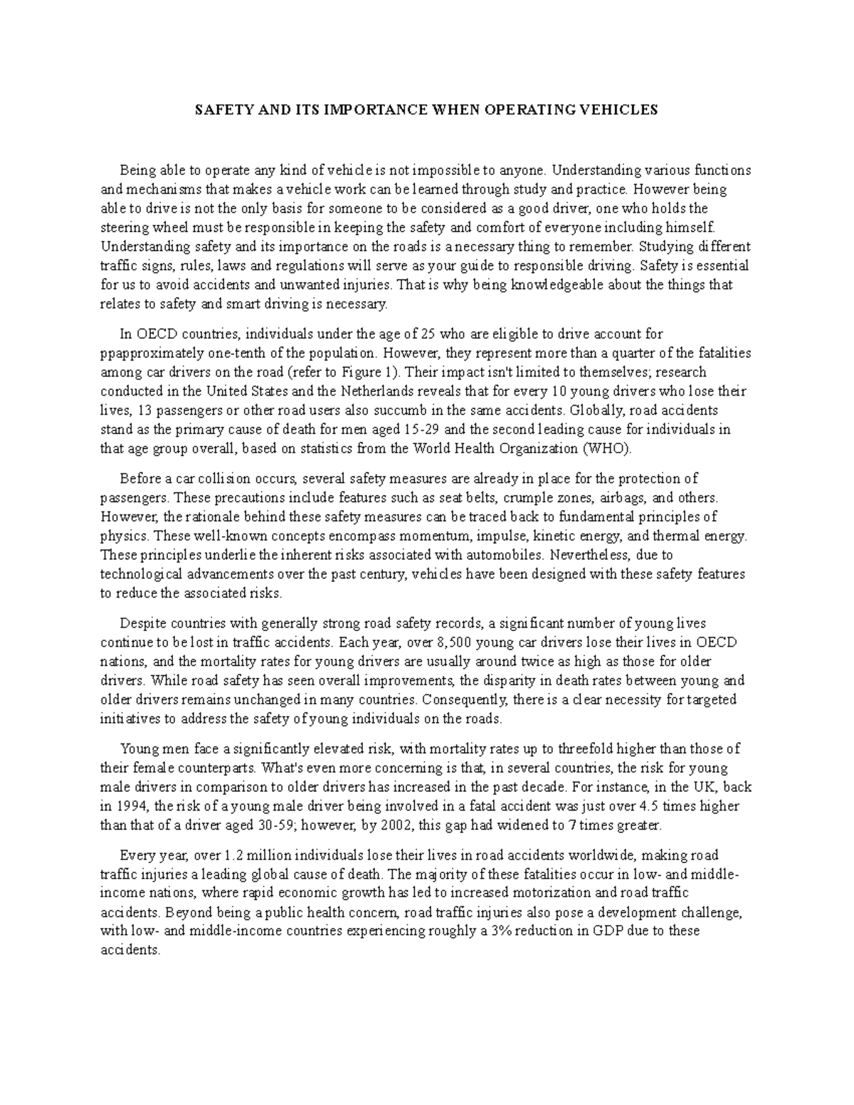 Synthesis paper on road safety - SAFETY AND ITS IMPORTANCE WHEN ...