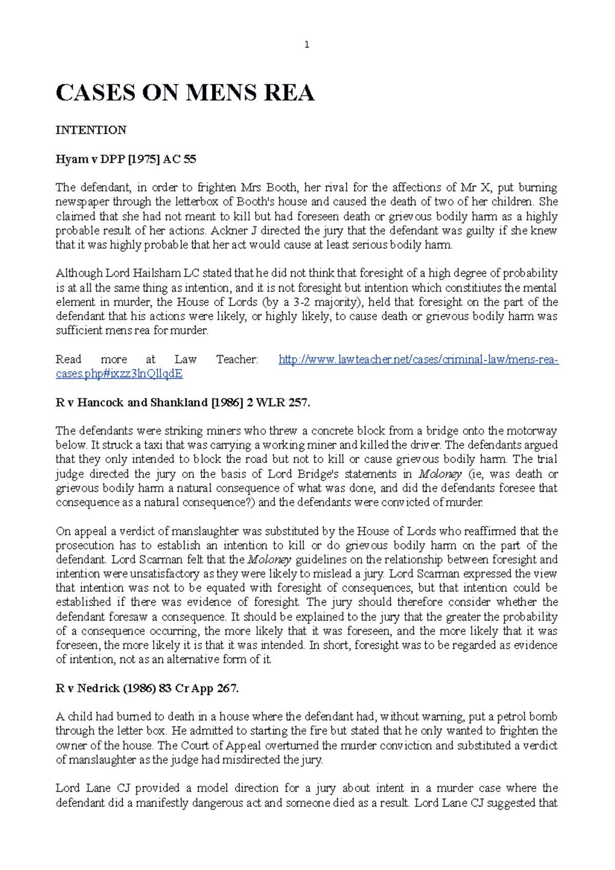 Cases ON MENS REA - CASES ON MENS REA INTENTION Hyam v DPP [1975] AC 55 The defendant, in order ...