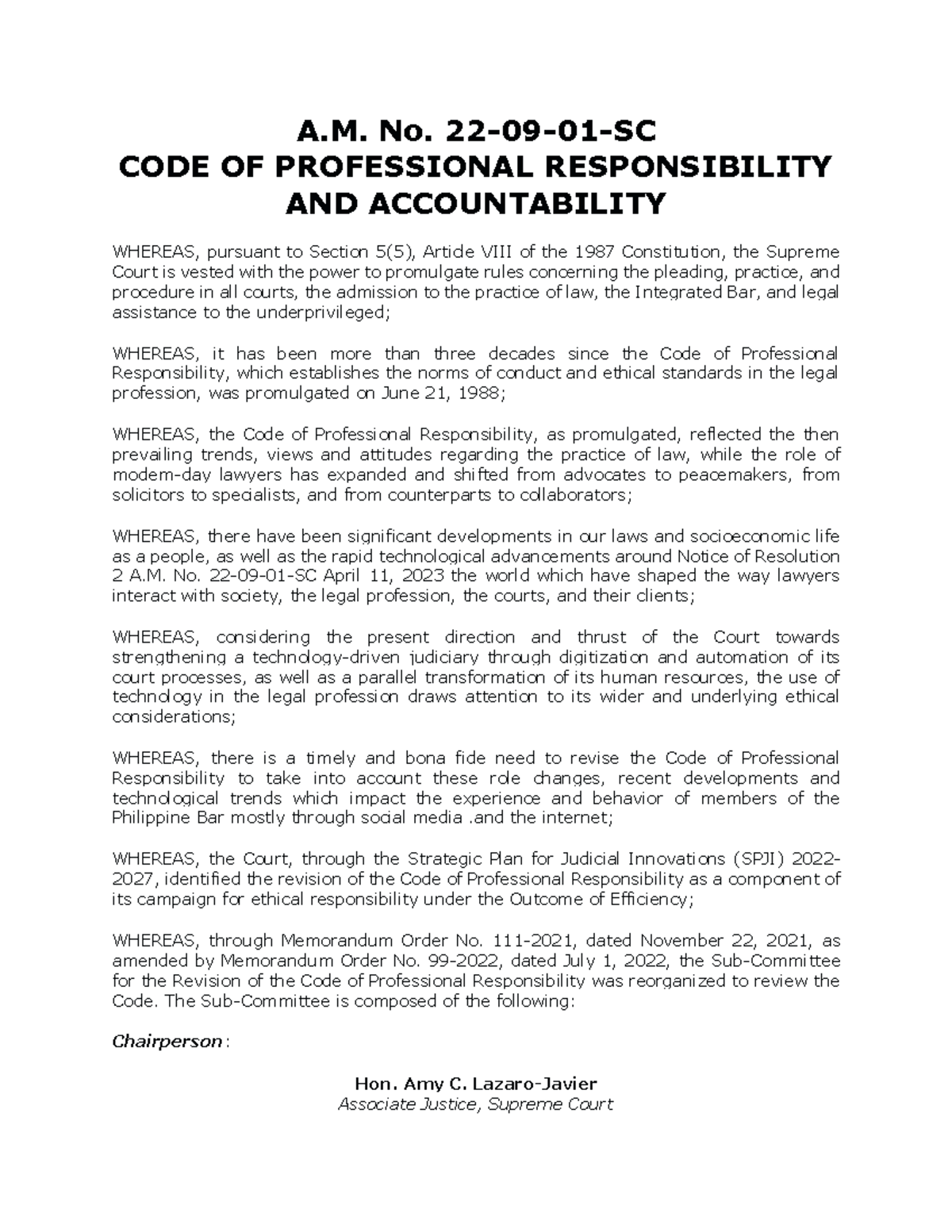 CPRA - A. No. 22- 09 - 01 - SC CODE OF PROFESSIONAL RESPONSIBILITY AND ...