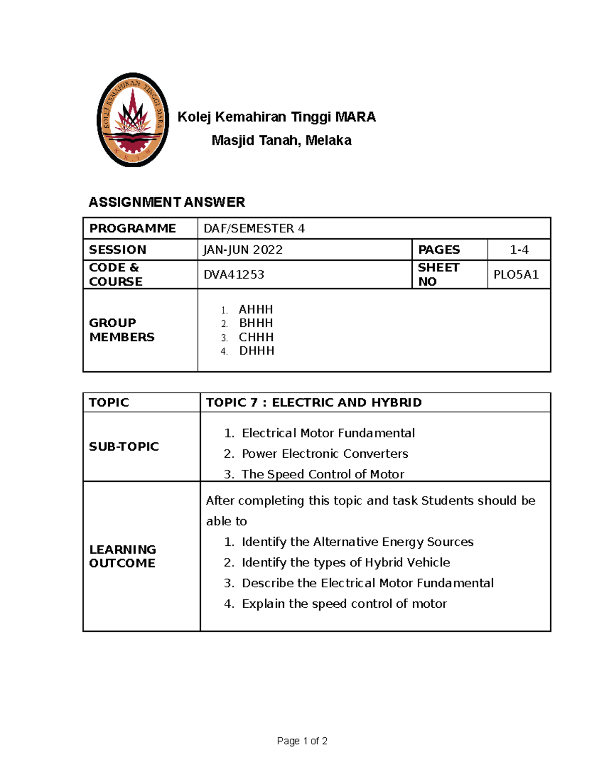 DVA41253 Practical Answer Sheet - Kolej Kemahiran Tinggi MARA Masjid ...