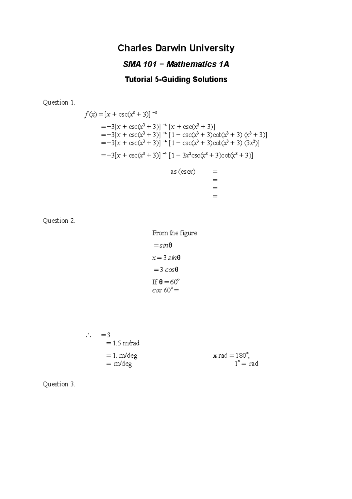 SMA101 Tutorial 5 solutions - 3 m x Charles Darwin University SMA 101 − Mathematics 1A Tutorial ...