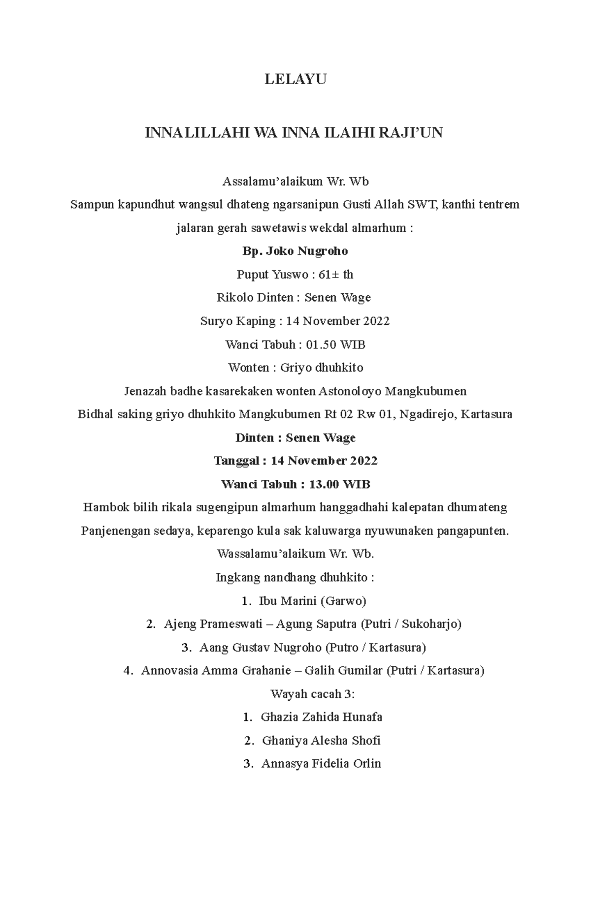 Lelayu - LELAYU INNALILLAHI WA INNA ILAIHI RAJI’UN Assalamu’alaikum Wr ...