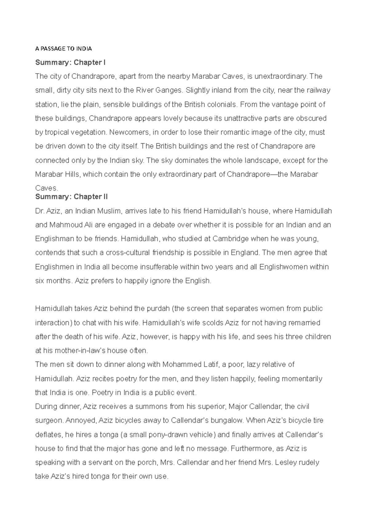 A passage to india riassunto - A PASSAGE TO INDIA Summary: Chapter I ...