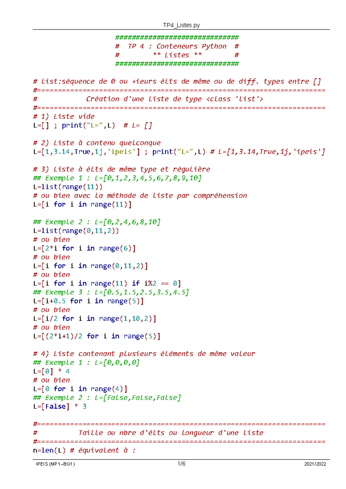 TP4 Listes MP1 informatique python detaille - _# TP 4 : Conteneurs ...