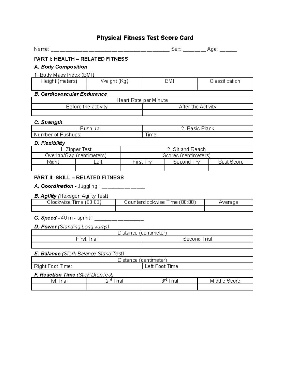 Physical Fitness Test Score Card - Body Composition Body Mass Index ...