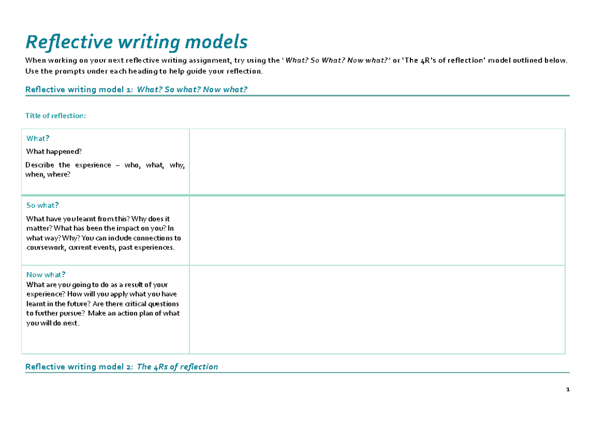 Assessment 2- Reflective-writing-models examplar - Reflective writing ...