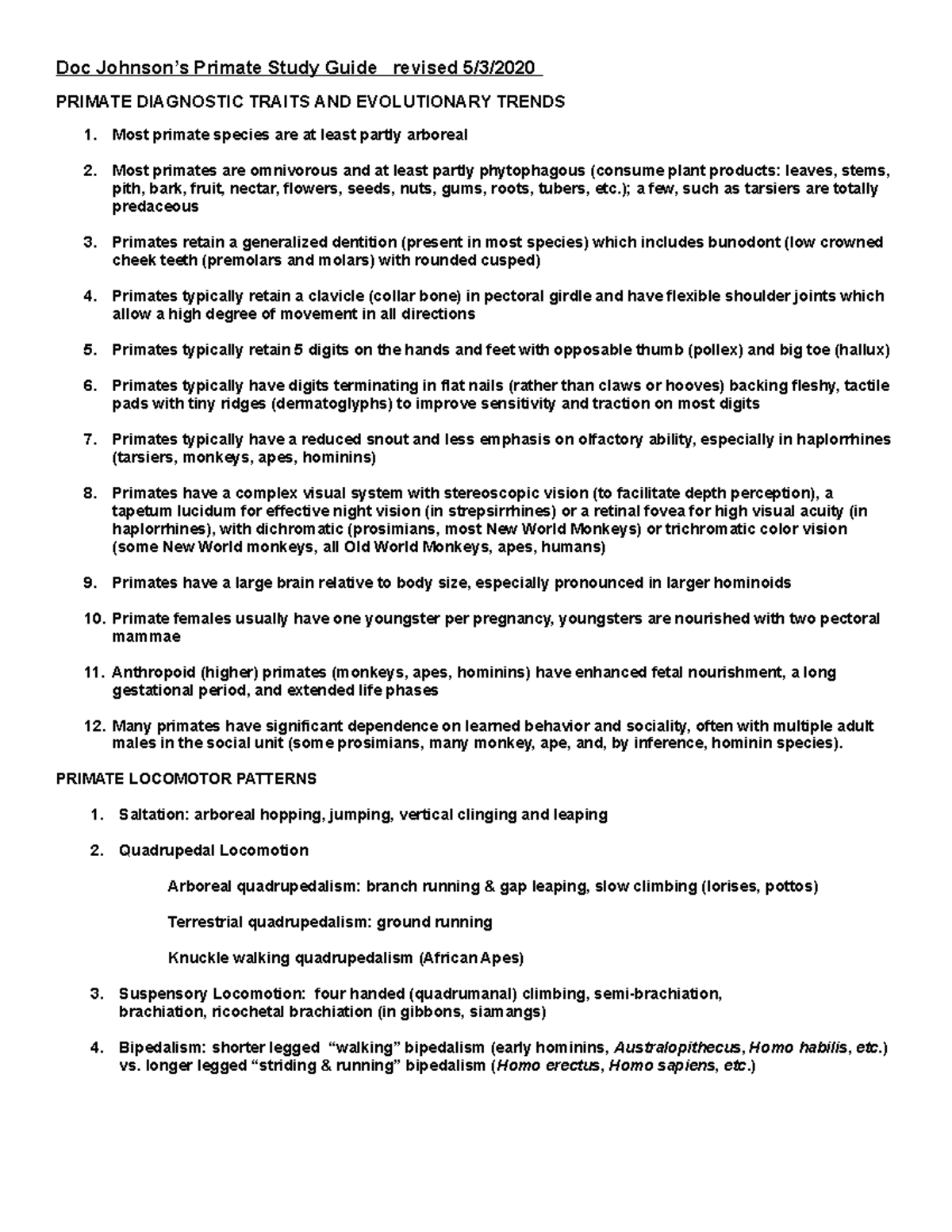 Primate Study Guide revised 5 3 20204764 - Doc Johnson’s Primate Study ...