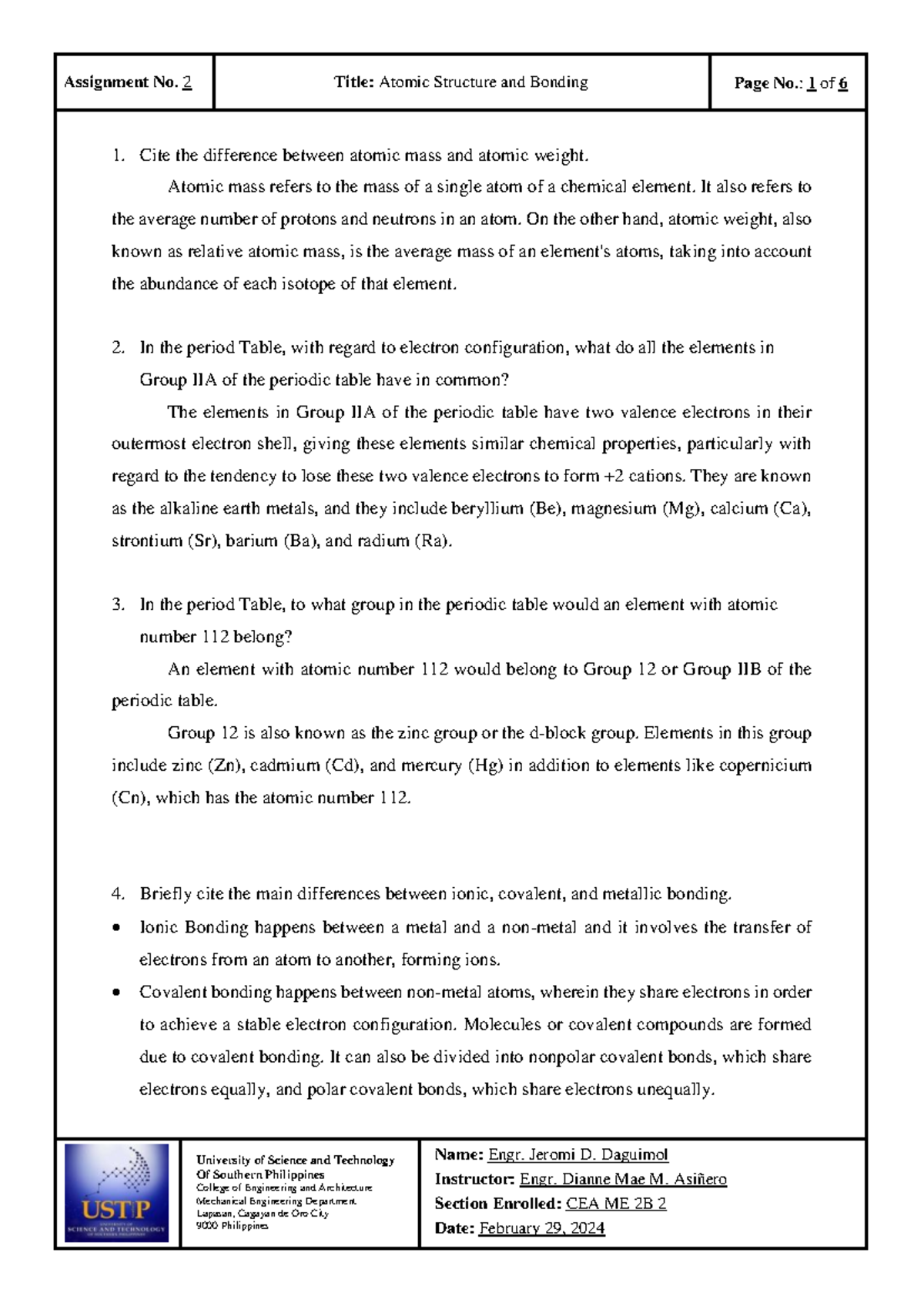 Material Science & Engineering Assignment - Name: Engr. Jeromi D ...