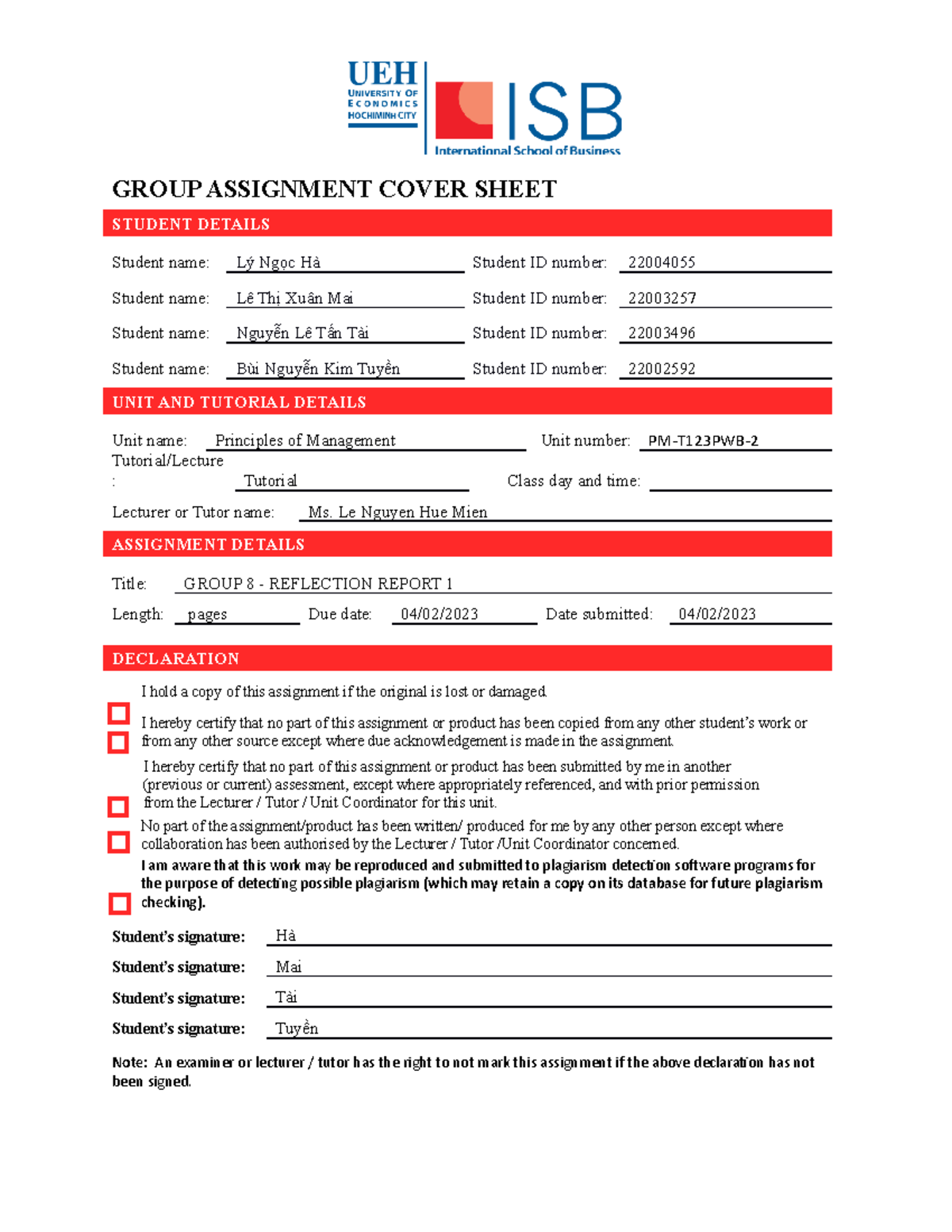 Group 8 Reflection 2 - GROUP ASSIGNMENT COVER SHEET STUDENT DETAILS ...