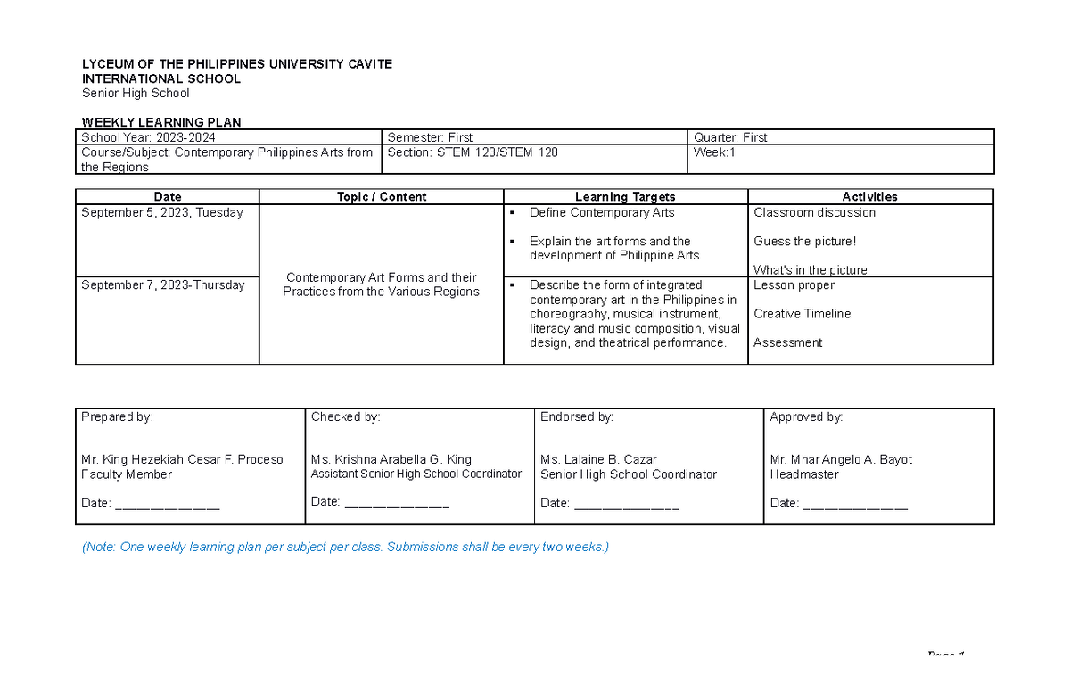 1 Weekly Learning PLAN SHS - LYCEUM OF THE PHILIPPINES UNIVERSITY ...
