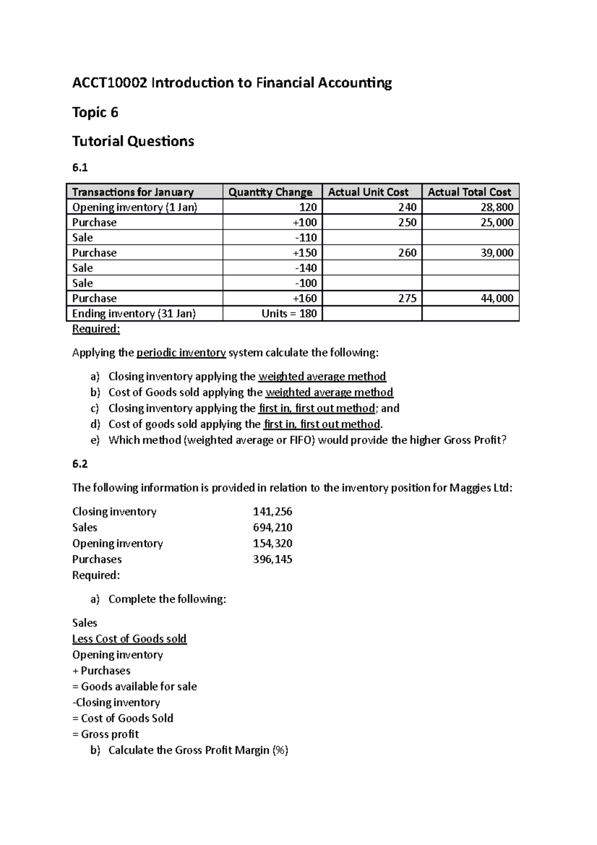 ACCT10002 Topic 6 Tutorial Questions - ACCT10002 Introduction to Financial Accounting Topic 6 ...