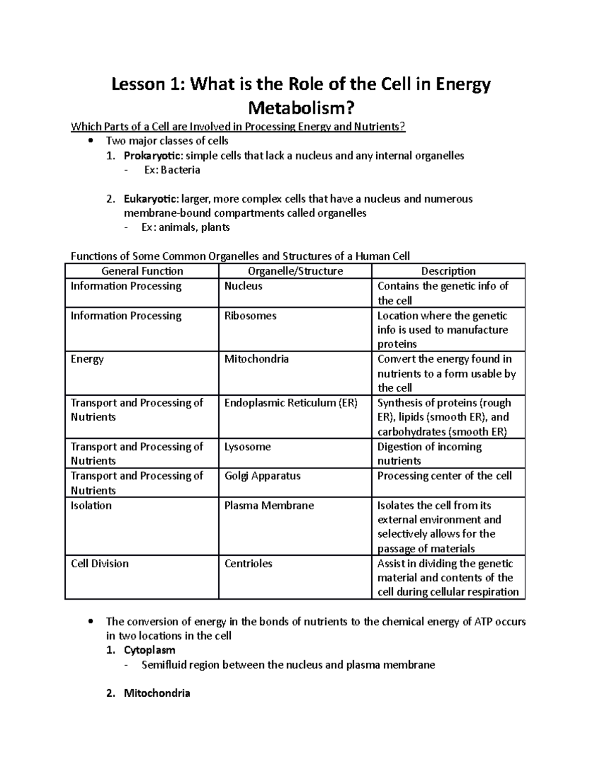 Lesson 1 What is the Role of the Cell in Energy Metabolism ...
