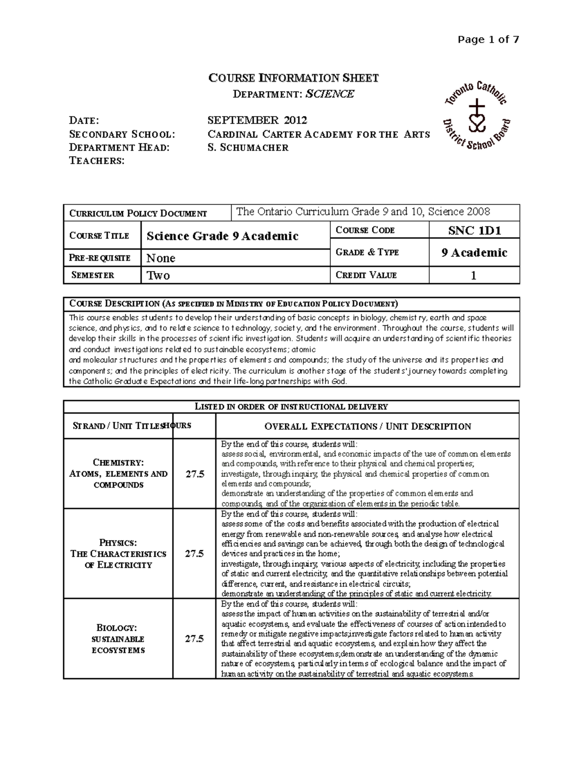 Academic Grade 9 Science Course Outline - C COURSEOURSE ...