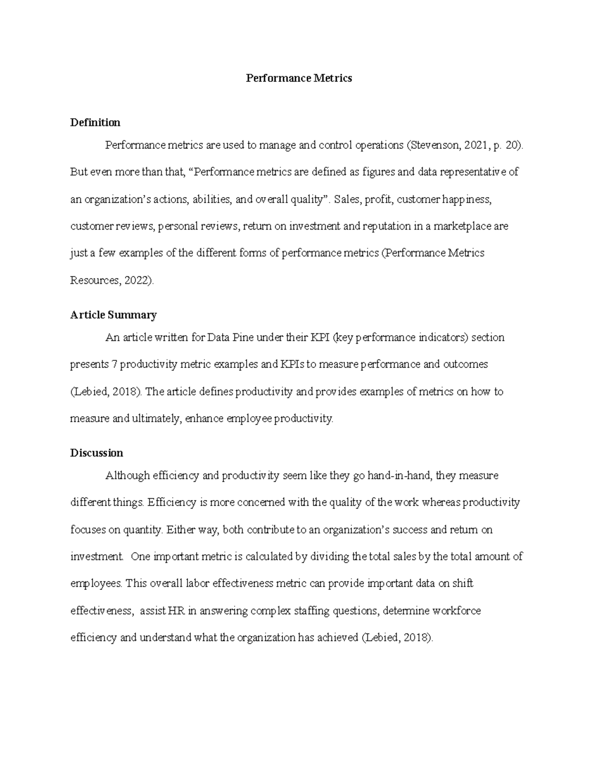 Performance Metrics DB1 BUSI 411 - Performance Metrics Definition ...