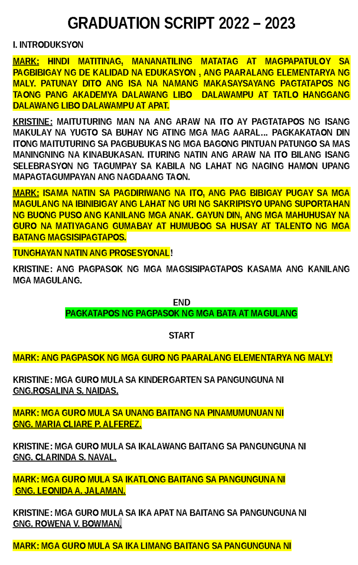 Graduation- Script-2022 - GRADUATION SCRIPT 2022 – 2023 I. INTRODUKSYON ...