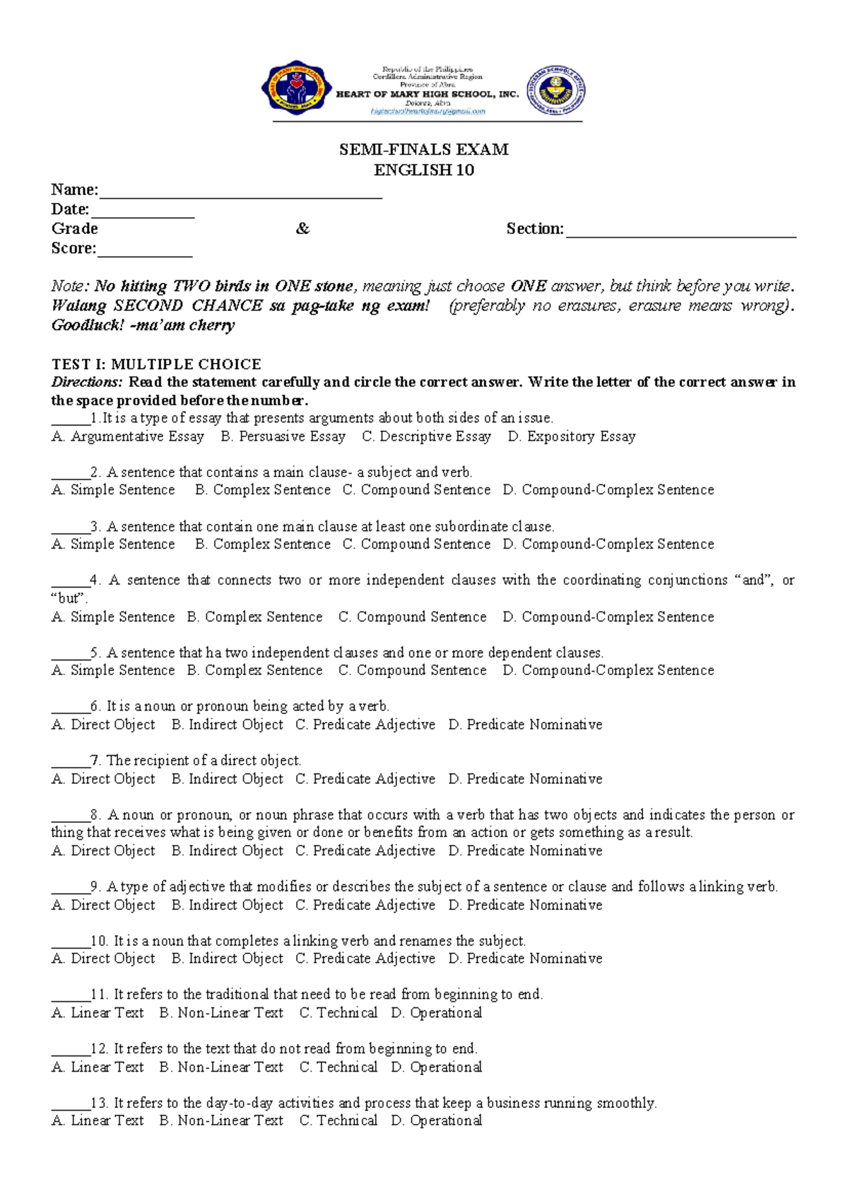 SEMI-finals g-10 - a semi-final exam. - SEMI-FINALS EXAM ENGLISH 10 ...
