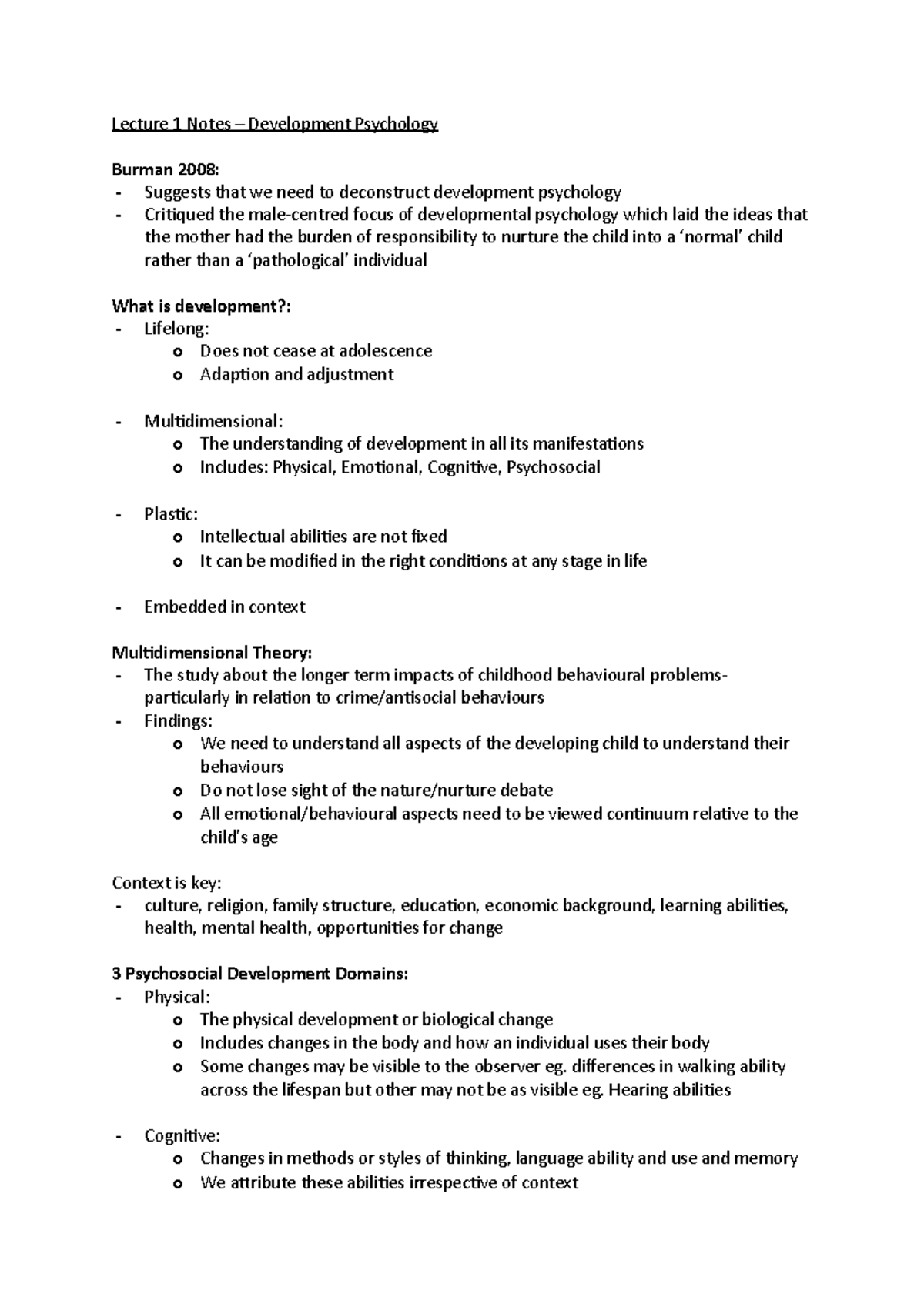 Lecture 1 Notes - Lecture 1 Notes – Development Psychology Burman 2008 ...
