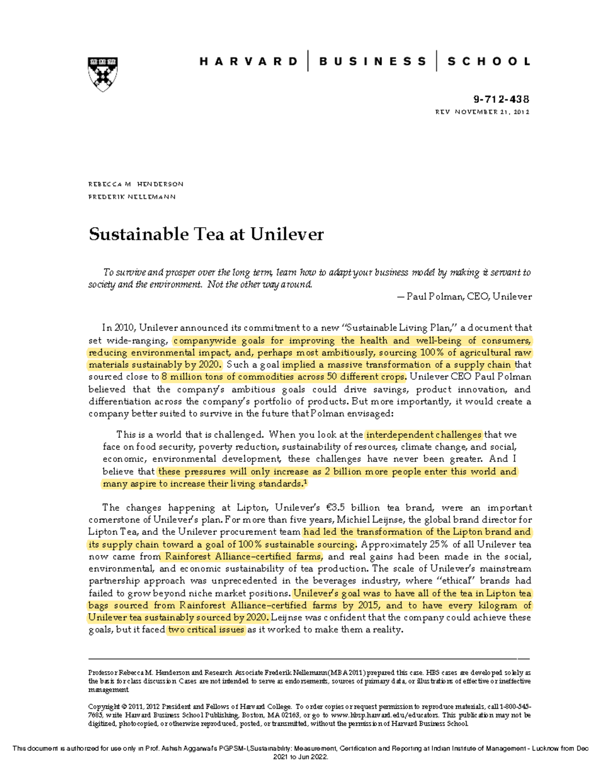 Sustainable tea at Unilever displaying key project performance ...
