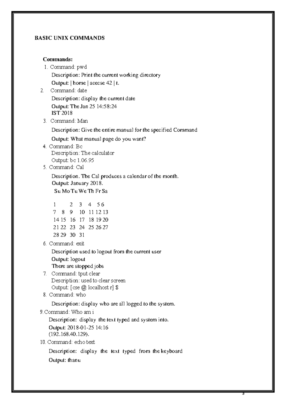 OS Record with experiments and topics - BASIC UNIX COMMANDS Commands: 1 ...
