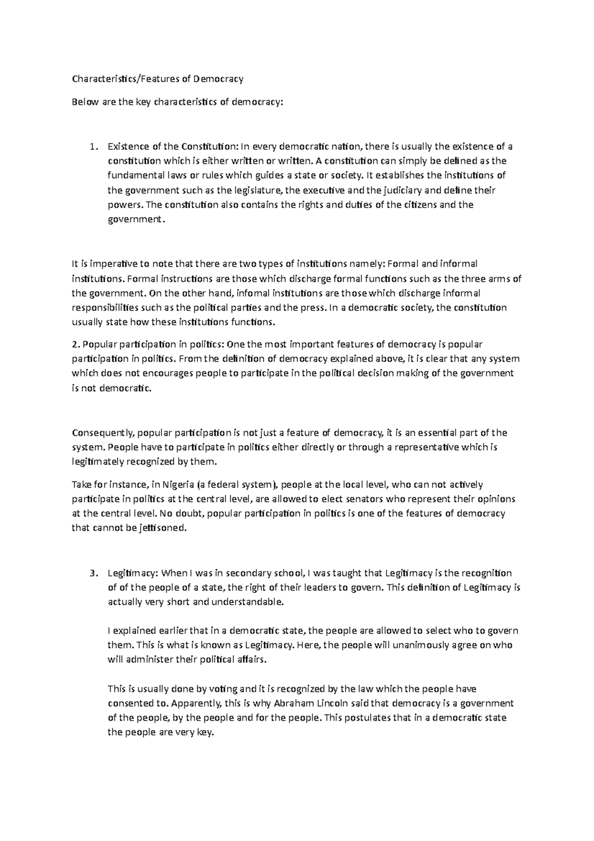Notes FOR CSL2601 Assignment - Characteristics/Features of Democracy ...
