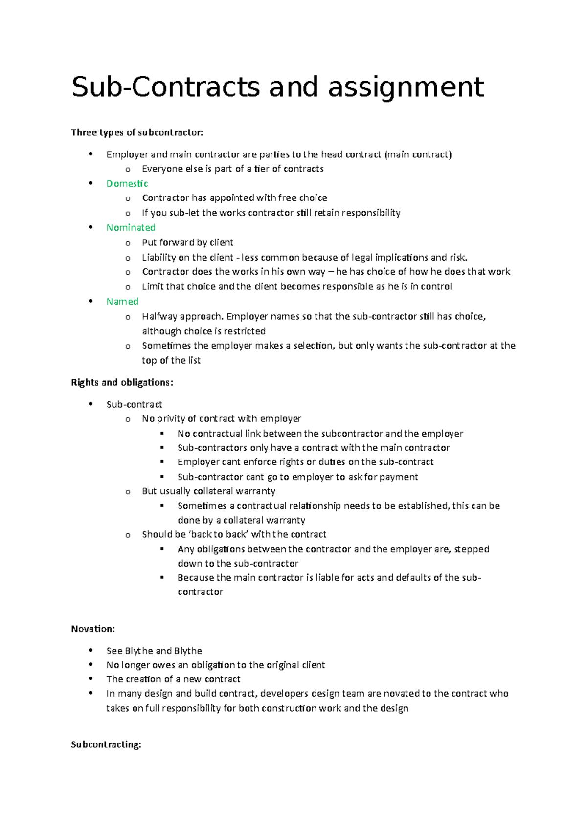 Lecture 2 - Subcontracts and assignment - Sub-Contracts and assignment ...