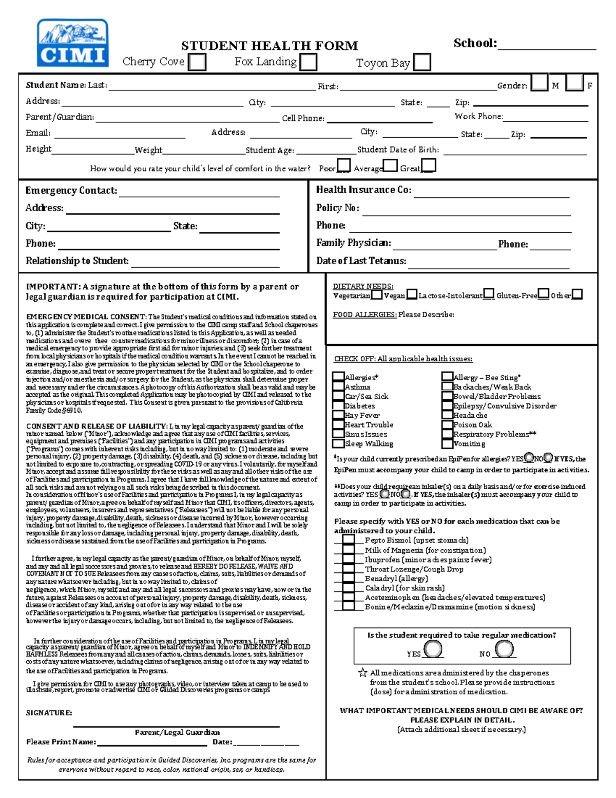 CIMI Student Health Form 2023 - STUDENT HEALTH FORM Cherry Cove Fox ...