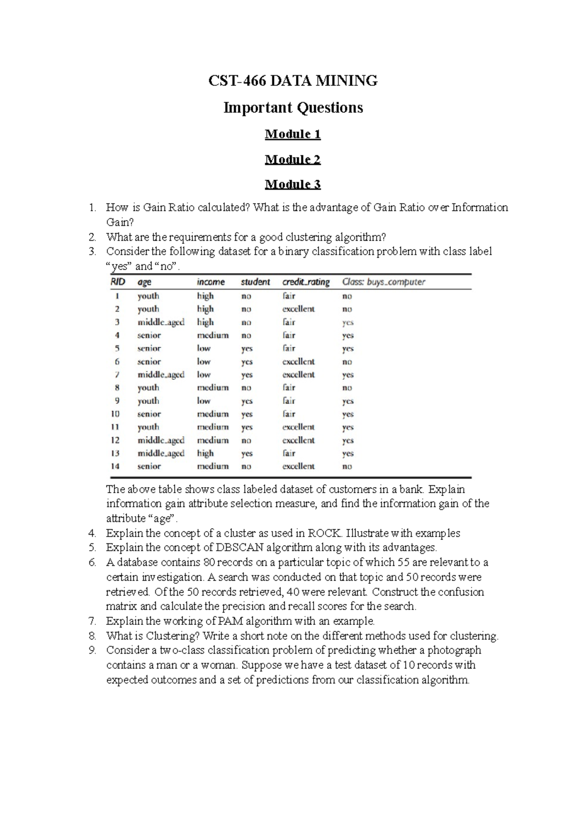 Imp questions - CST-466 DATA MINING Important Questions Module 1 Module 2 Module 3 1. How is ...