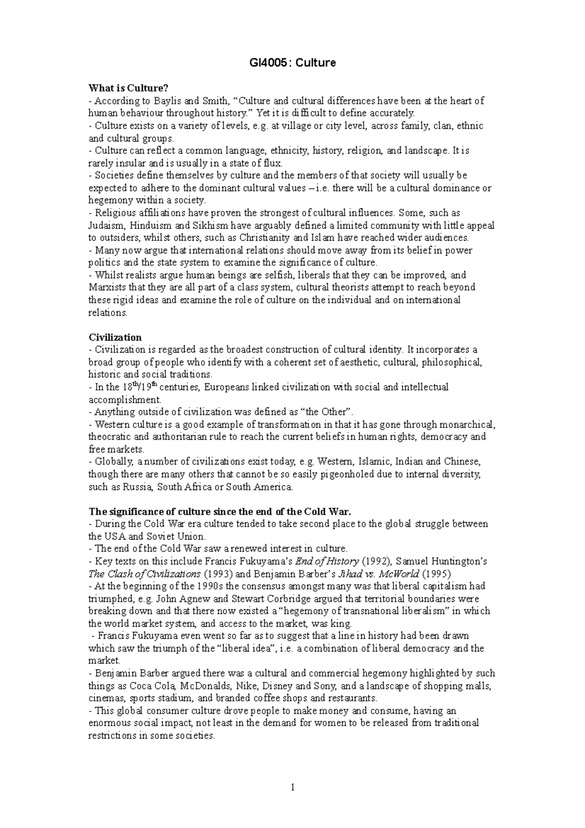 GI4005 Culture handout - GI4005: Culture What is Culture? According to ...