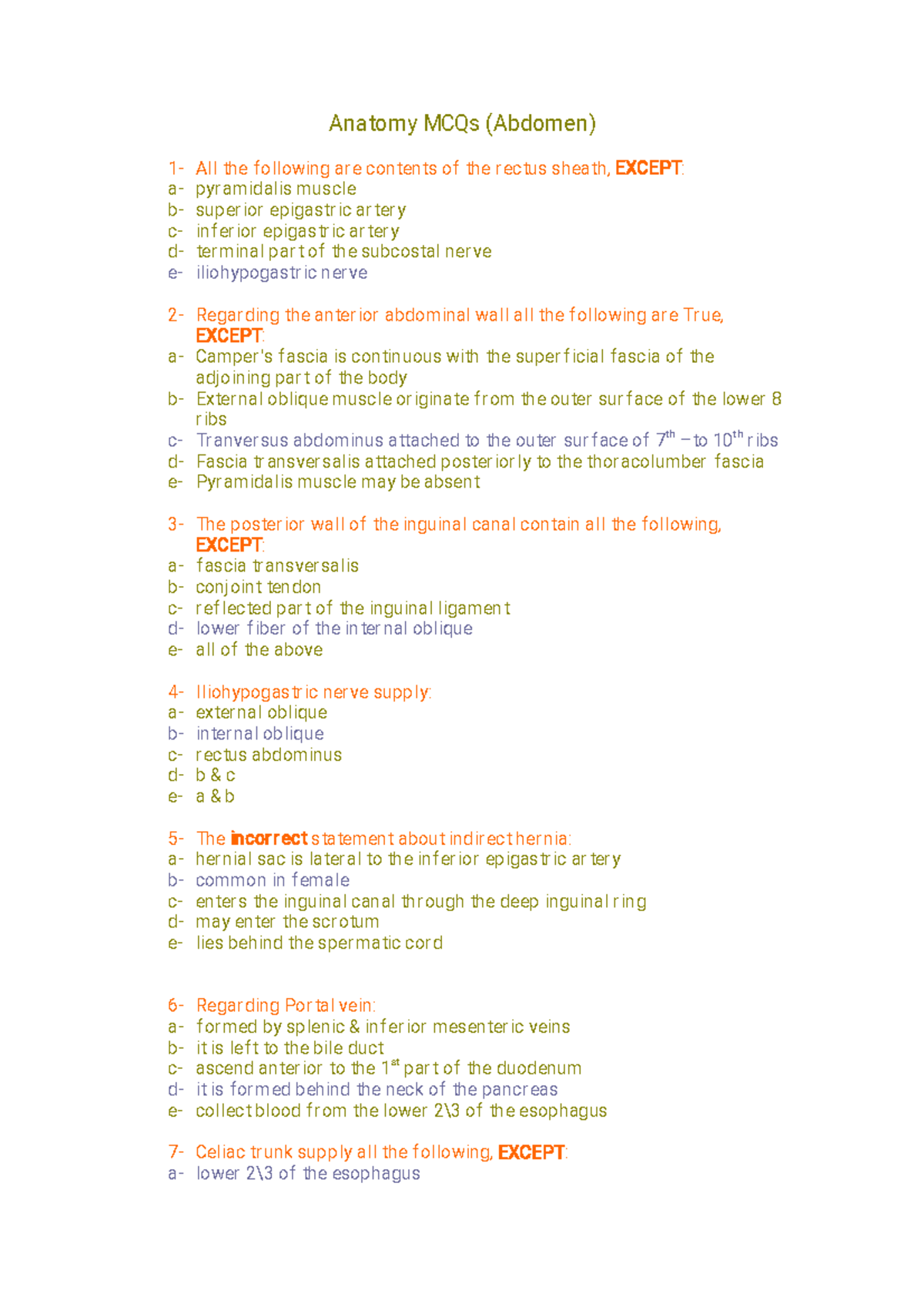 Anatomy MCQs (abdomen)2 - AnatomyMCQs(Abdomen) 1 - - Studocu