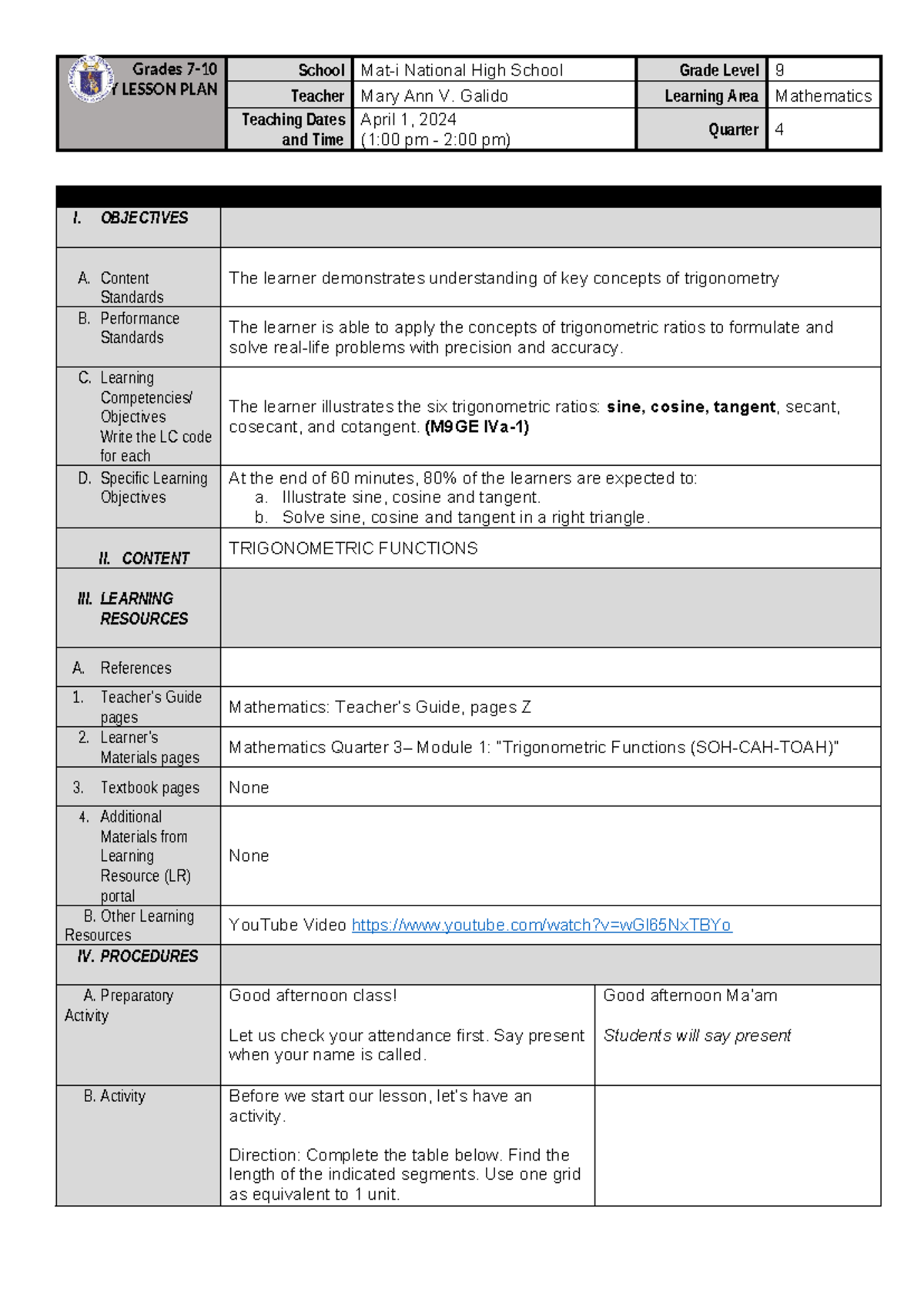 Trigonometry Ratios (SOH-CAH-TOA) - Grades 7- DAILY LESSON PLAN School ...