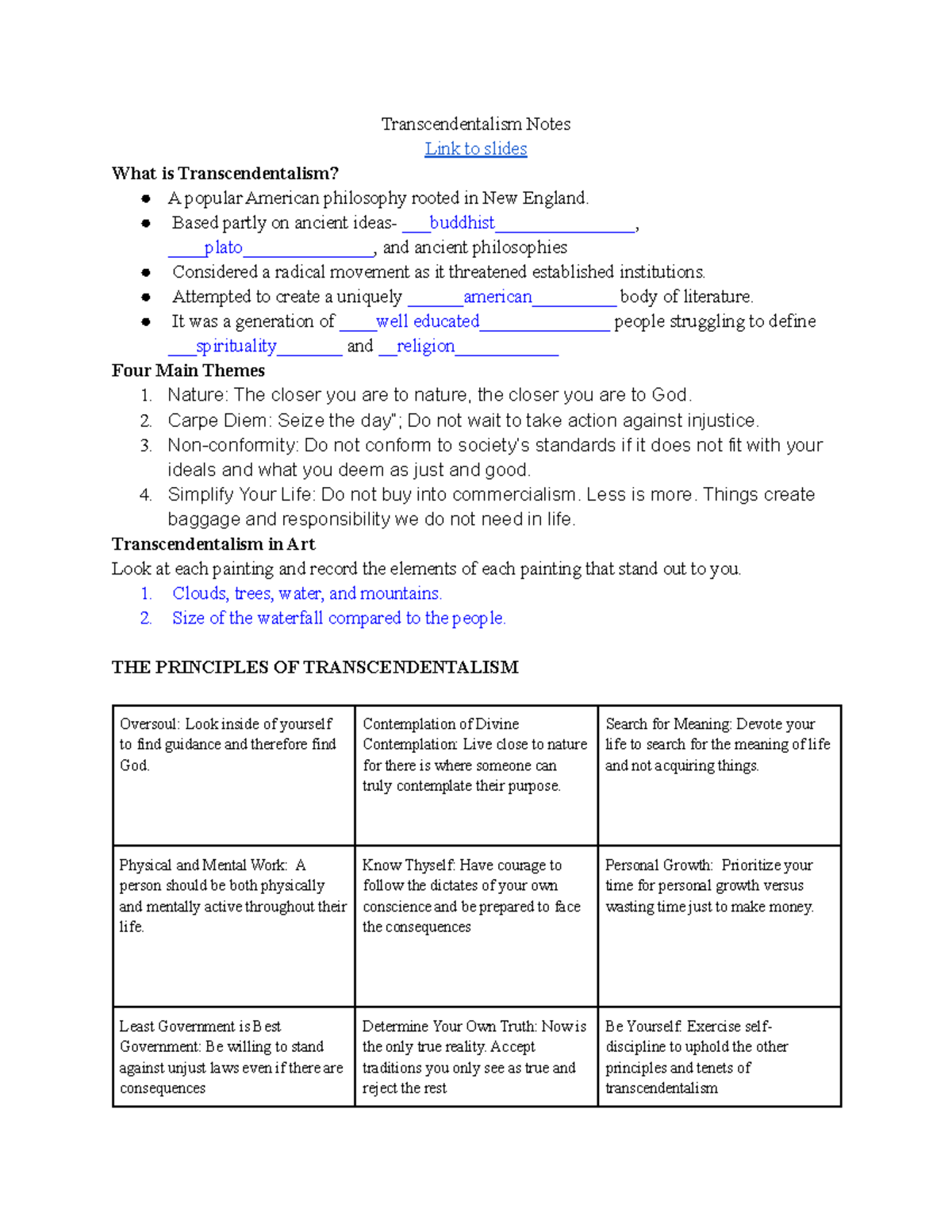 Copy of Transcendentalism Notes - Transcendentalism Notes Link to ...