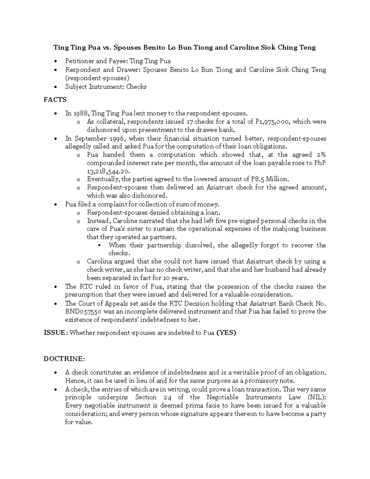 #12 Ting Ting Pua v. Spouses Benito Lo Bun Tiong and Caroline Siok ...