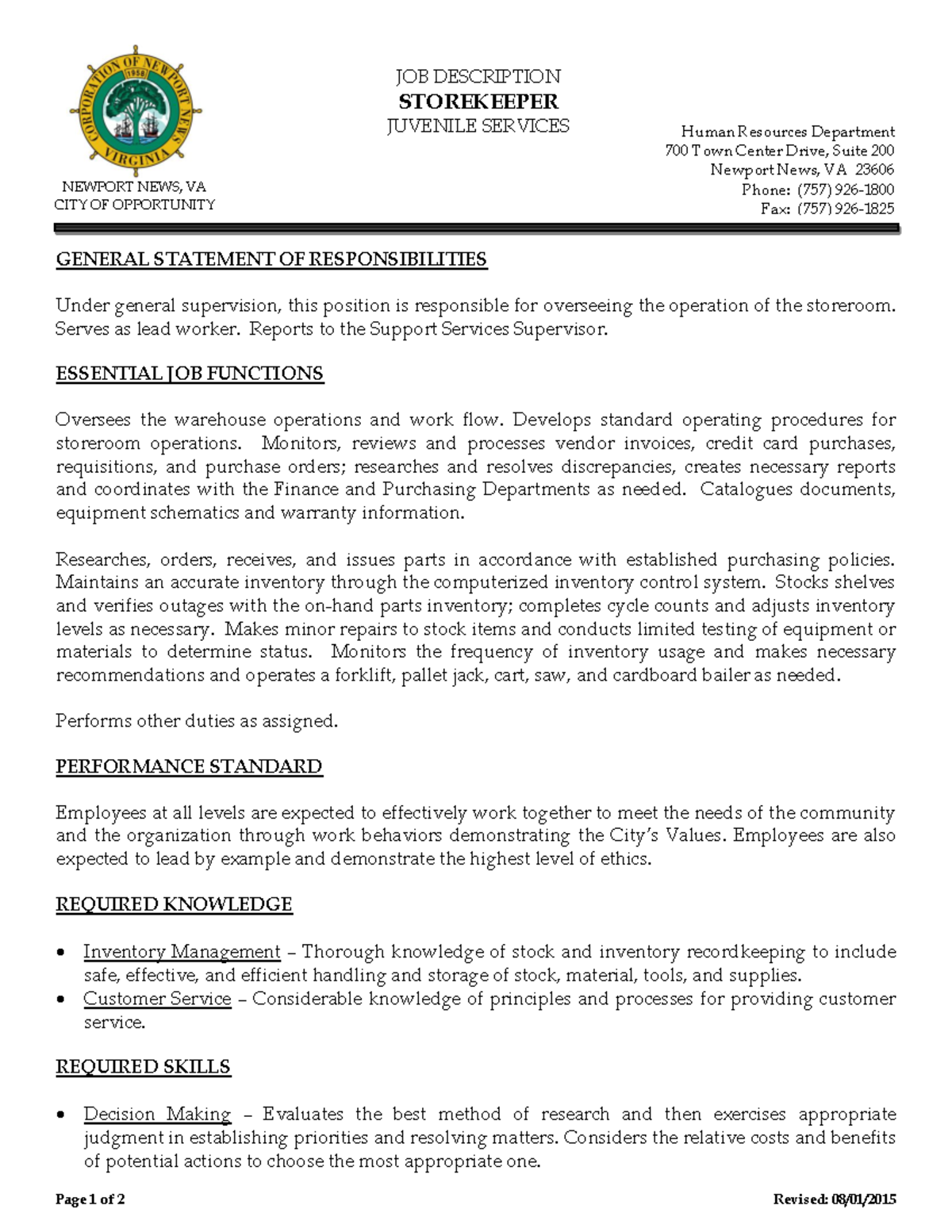 Storekeeper-JS 2016 07131436153885 - Page 1 of 2 Revised: 08/01 ...