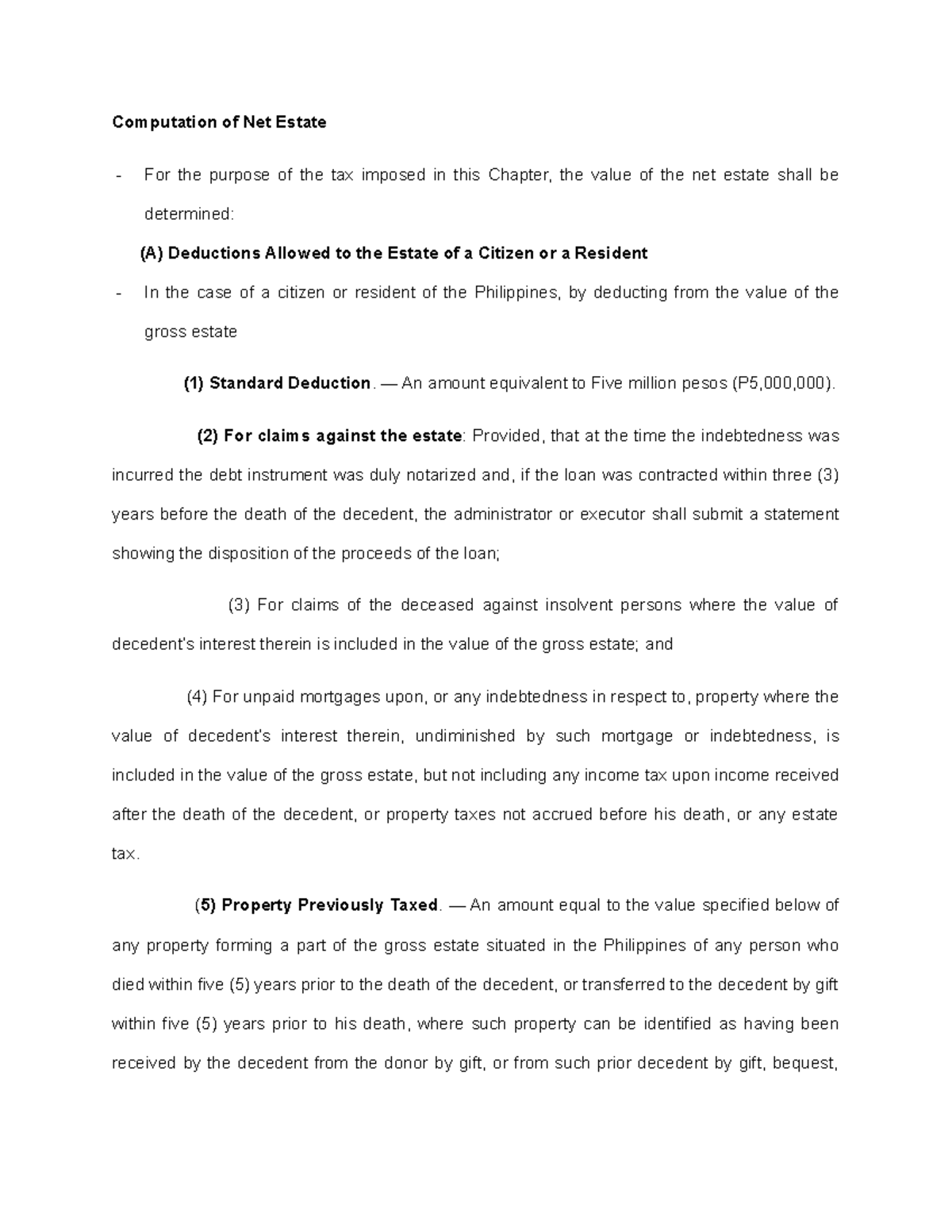 Computation of Net Estate report 1 - Computation of Net Estate For the ...