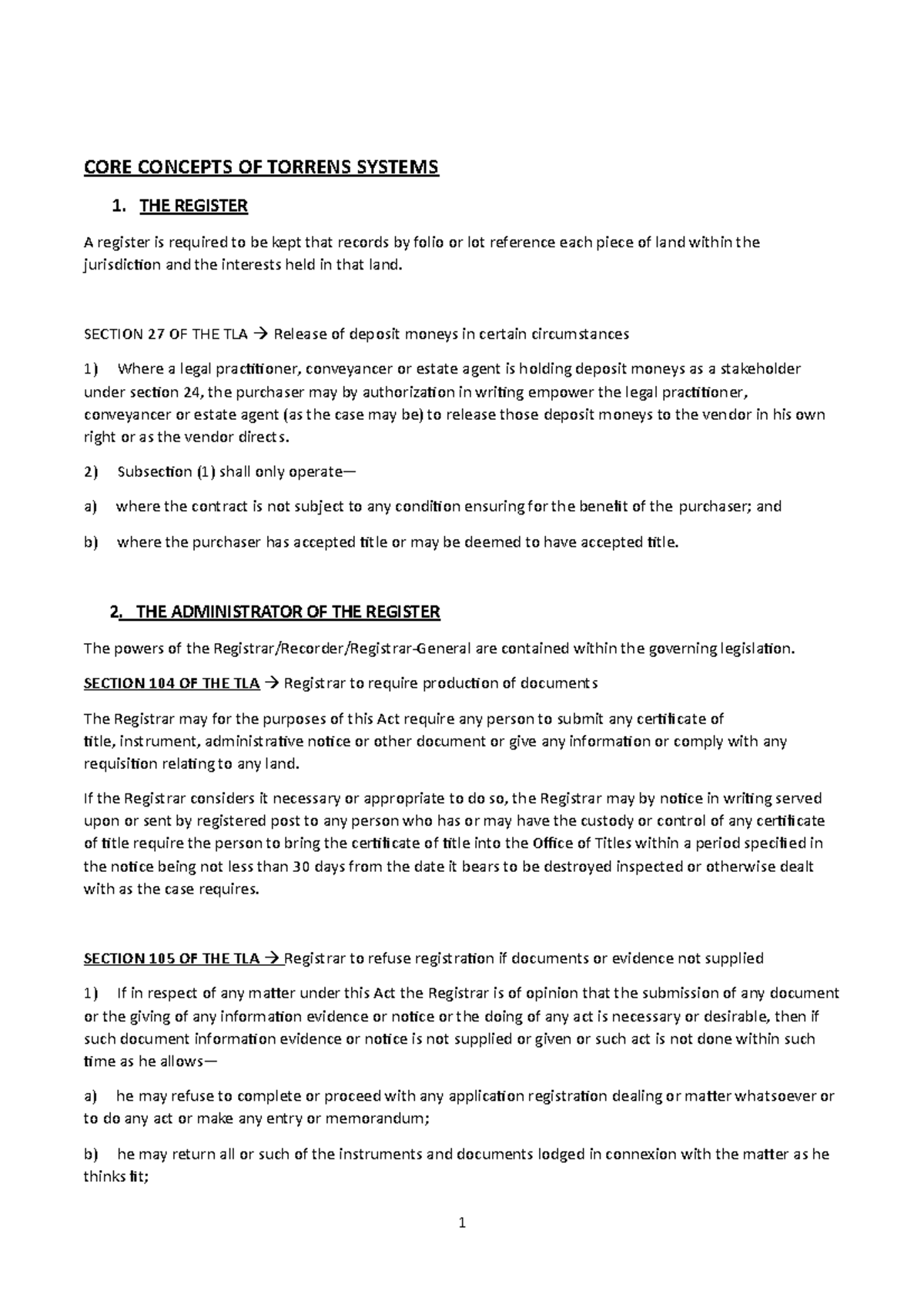 Torrens Systems Notes - CORE CONCEPTS OF TORRENS SYSTEMS 1. THE ...