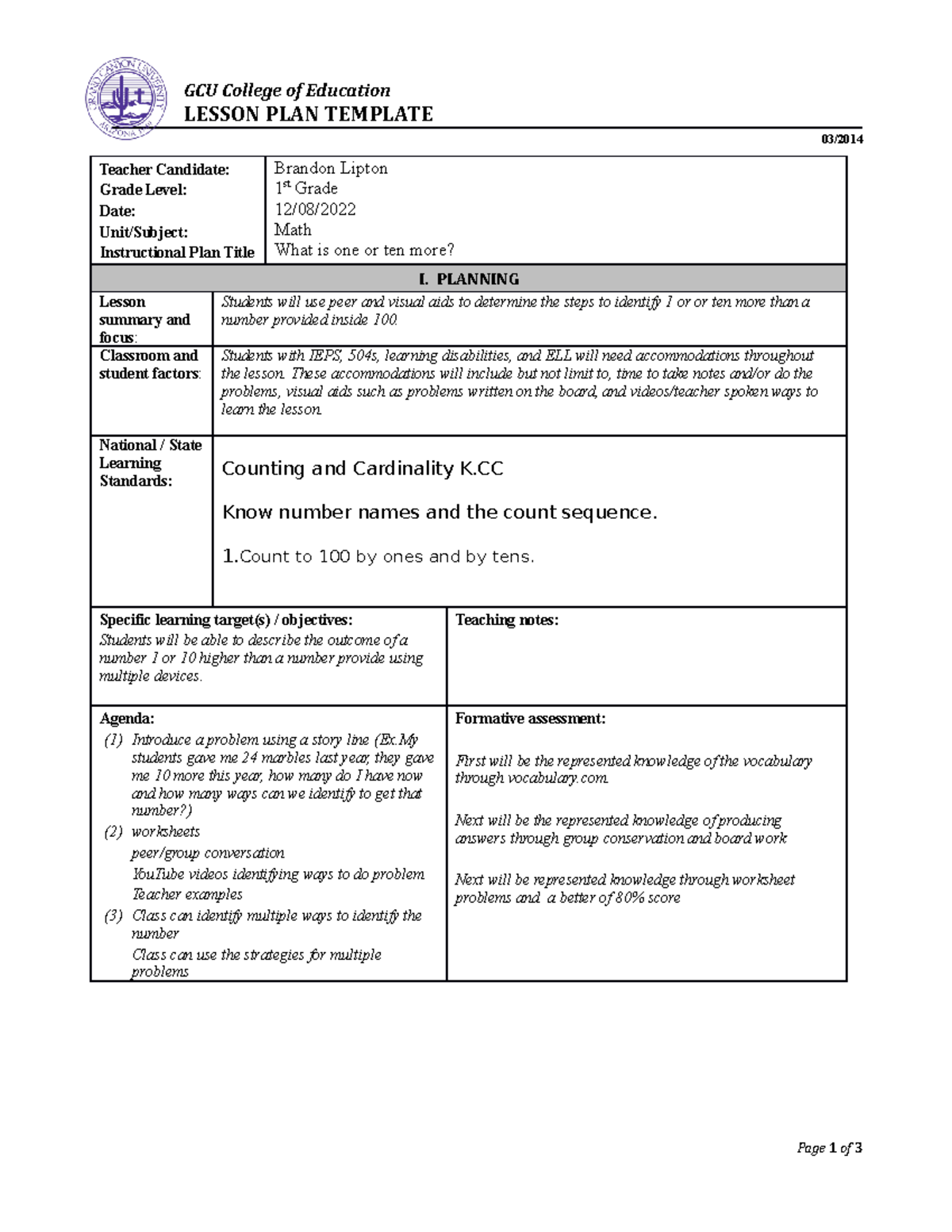 ELM 470 - Lesson plan - GCU College of Education LESSON PLAN TEMPLATE ...
