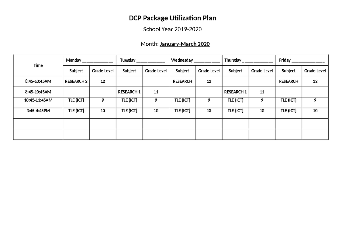 Action PLAN - DCP Package Utilization Plan School Year 2019- Month: January-March 2020 Time ...
