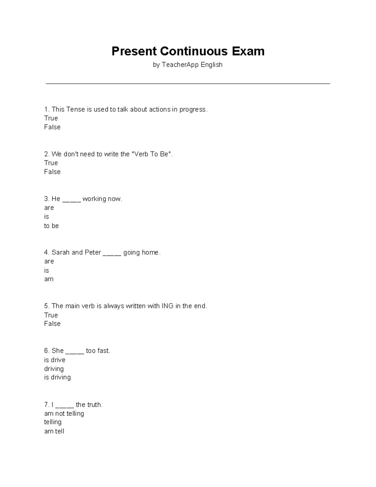 Present-continuous-exam - Present Continuous Exam by TeacherApp English ...