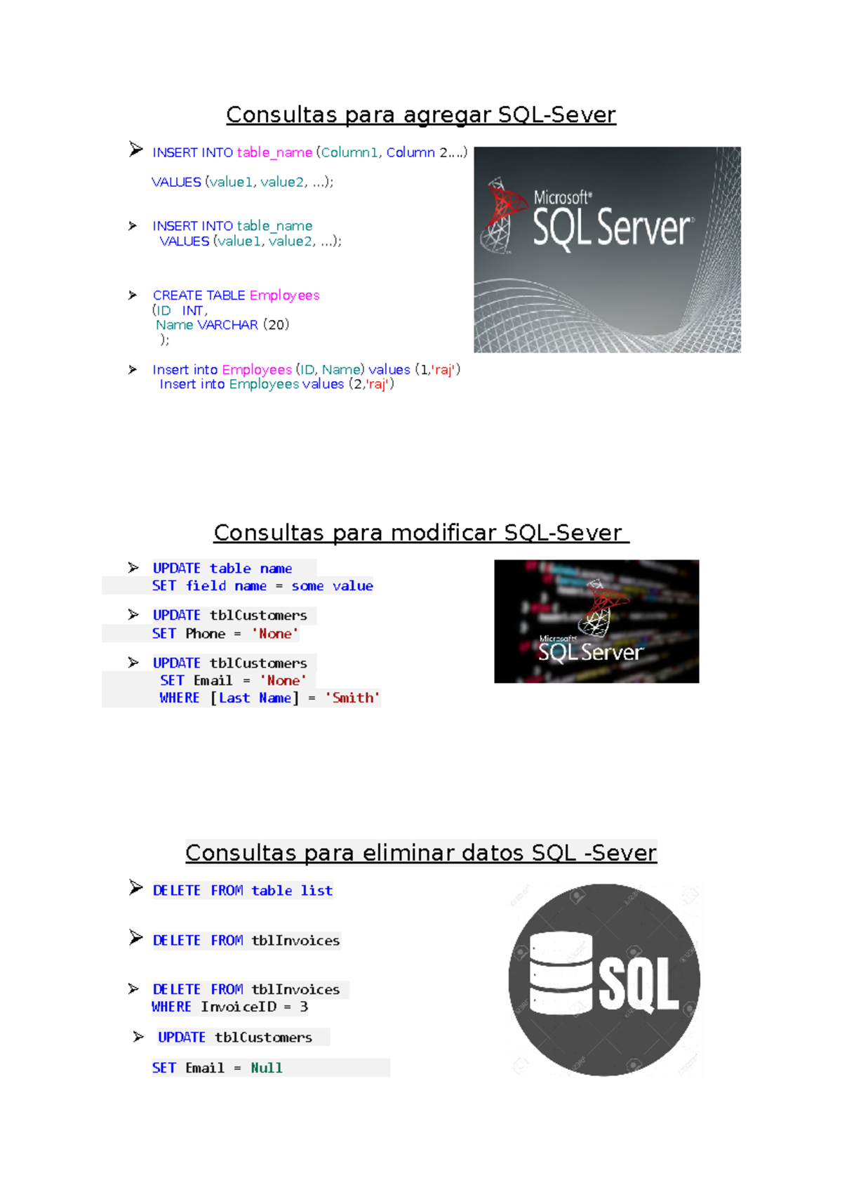Consultas para agregar SQL - Consultas para agregar SQL-Sever INSERT ...