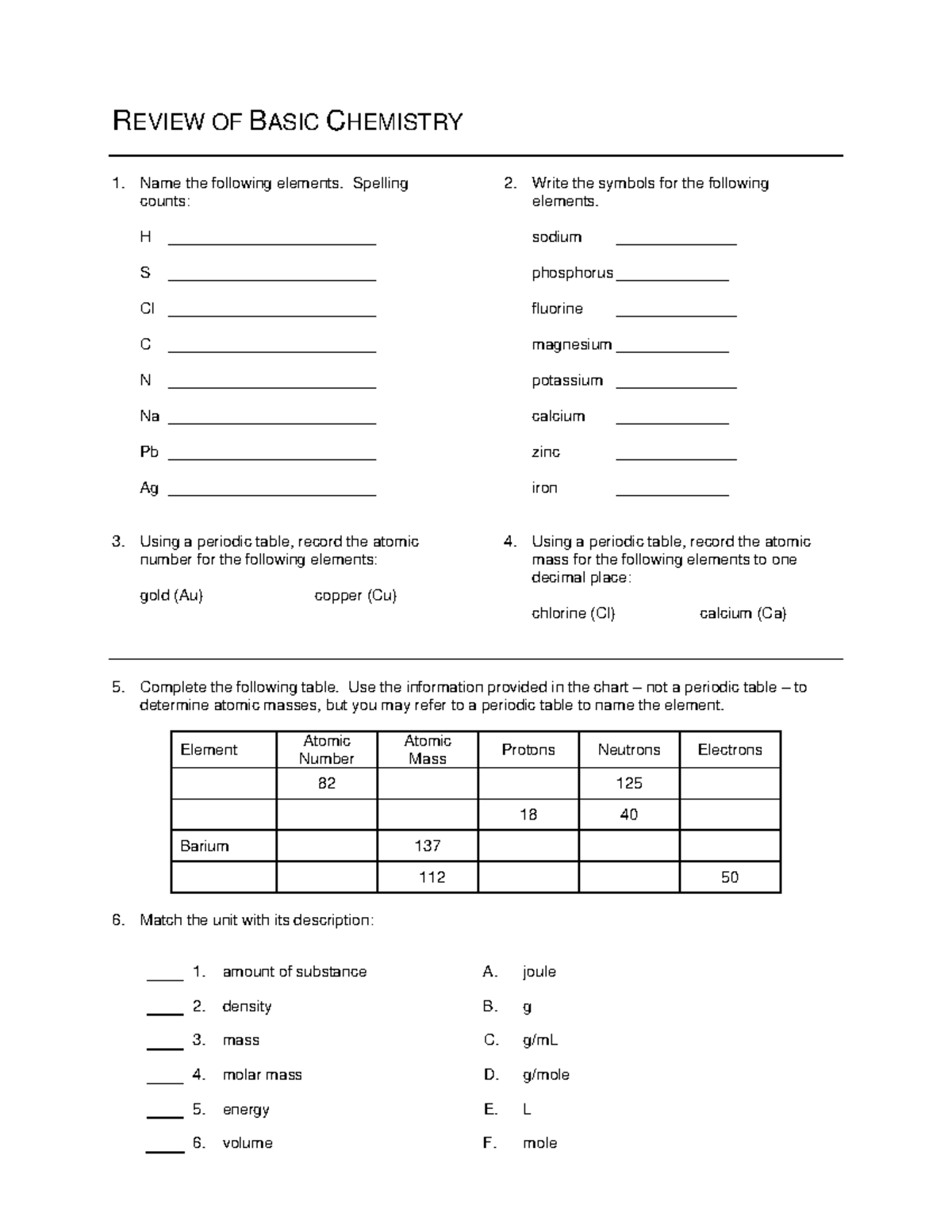 Basic chem review - chemistry - REVIEW OF BASIC CHEMISTRY Name the ...