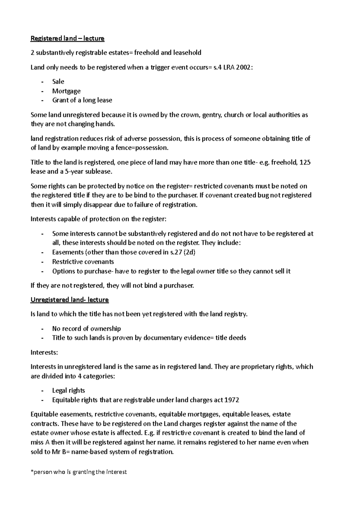 Registered and unregistered land - Registered land – lecture 2 ...