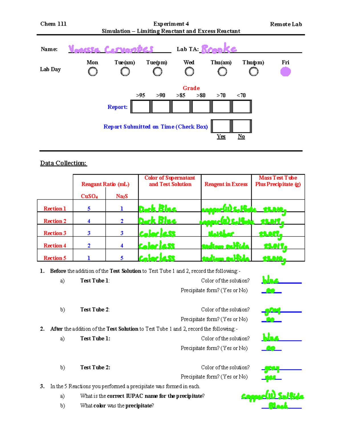 CHEM 111 - Experiment Lab 4 - ####### Chem 111 Experiment 4 ...