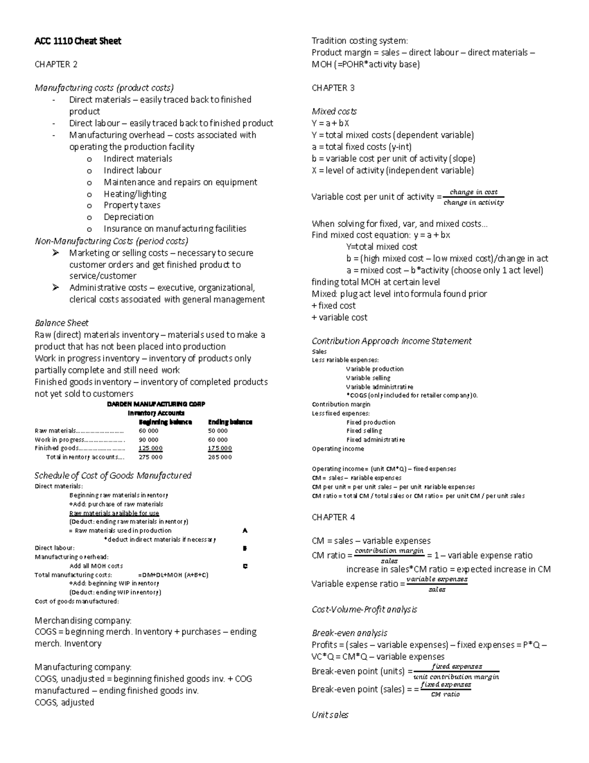 ACC 1110 Formulas - formula sheet - ACC 1110 Cheat Sheet CHAPTER 2 ...