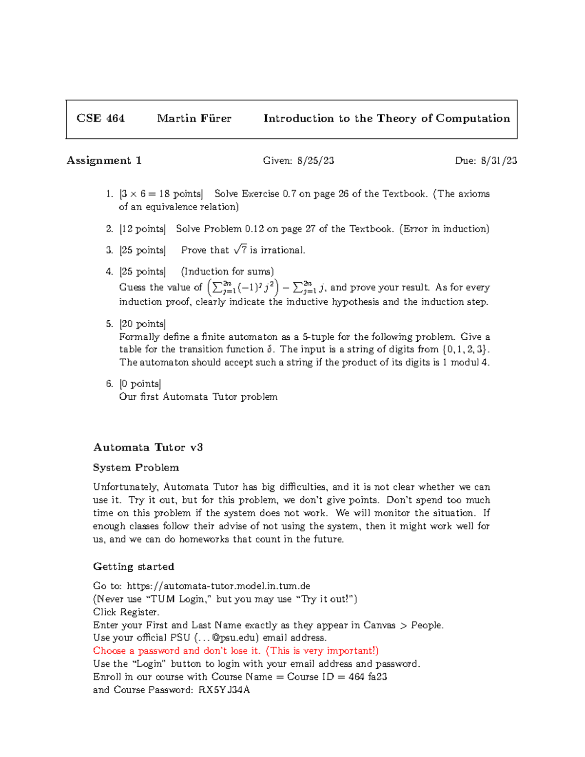 Homework 1 Fall 2023 Cse 464 Martin F ̈urer Introduction To The Theory Of Computation