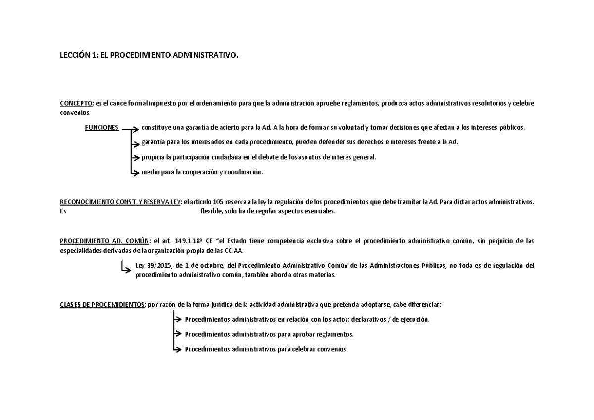 Esquema lección 1 admi II - LECCI”N 1: EL PROCEDIMIENTO ADMINISTRATIVO. CONCEPTO: es el cauce ...