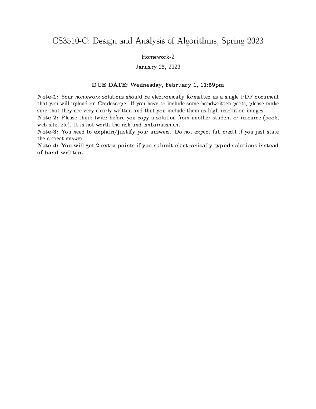 Hw2 Solutions Cs3510 C Design And Analysis Of Algorithms Spring 2023 Homework January 25 4536