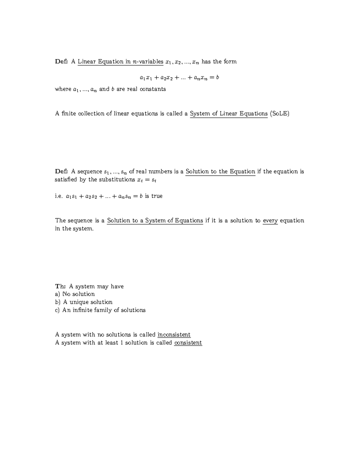 1.1 Solns and EROs - Notes - Def: A Linear Equation in n-variables x 1 ...